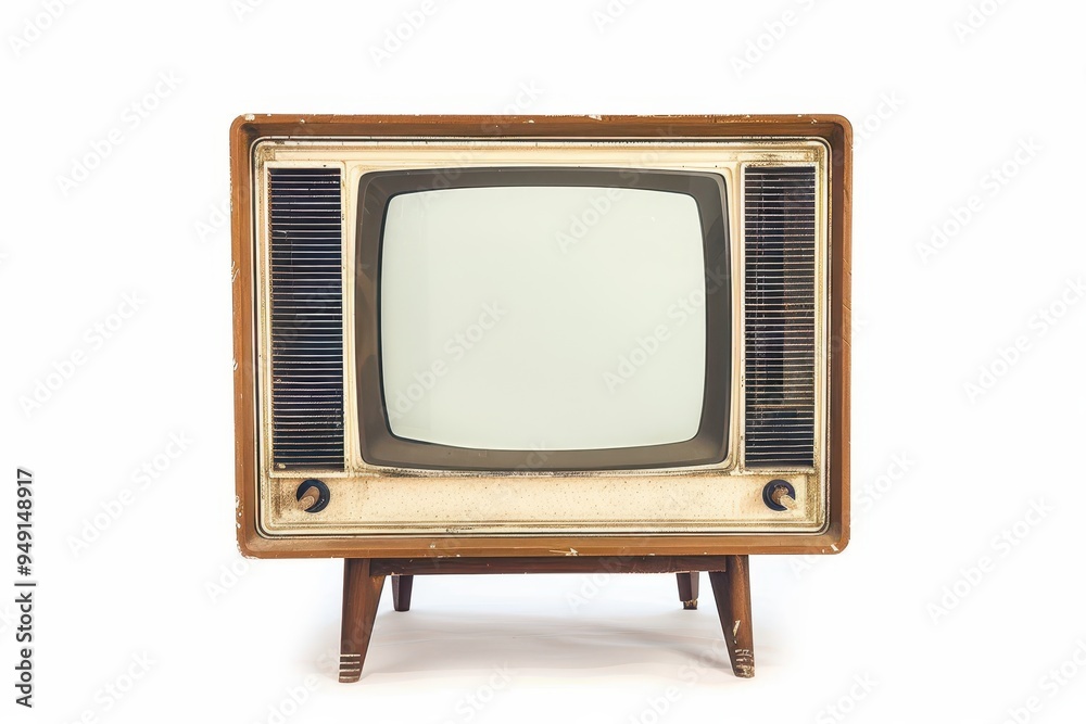 1950s 1960s and 1970s retro TV with white screen on white background ...