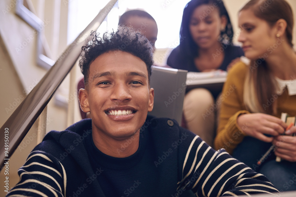 Happy, stairs and portrait of man student with friends for education ...