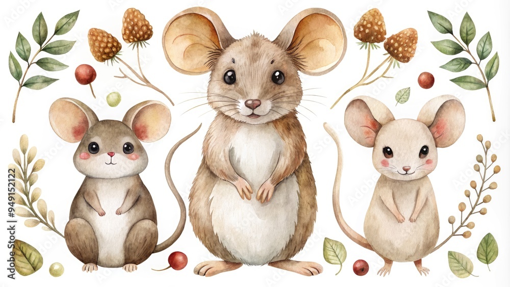 watercolor mouse clipart vintage classic distressed earthy tones gentle ...
