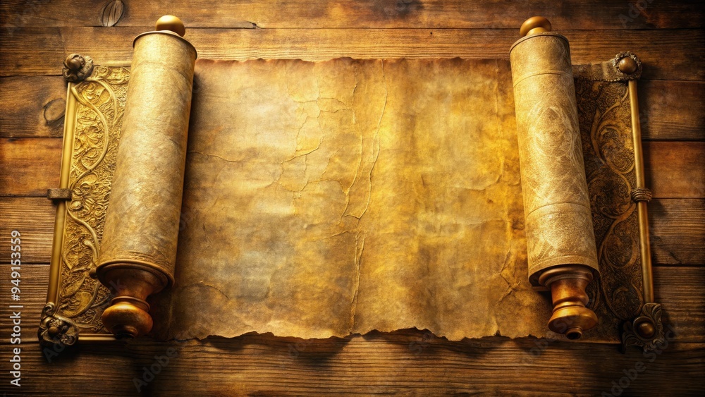 Weathered, torn, and ornate parchment scroll with intricate texture ...