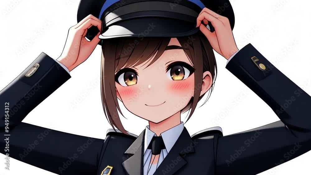 Anime Character Wearing a Police Uniform and Adjusting Her Hat Happily ...