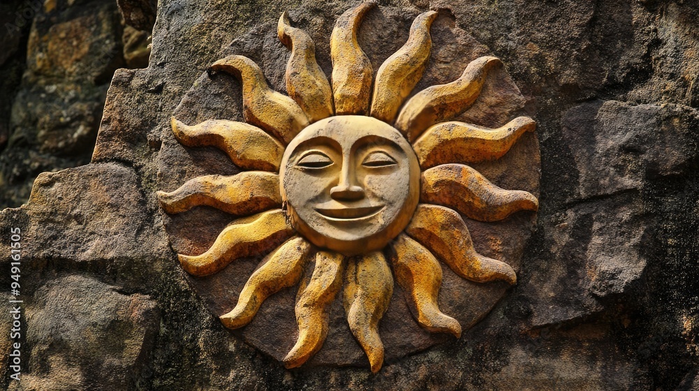 Inca sun god symbol carved into stone, representing the deep spiritual ...