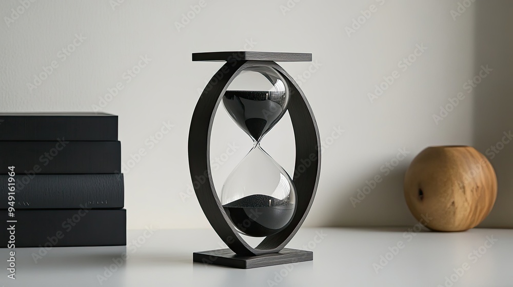 Modern hourglass with black sand, set in a sleek metal frame, blending ...