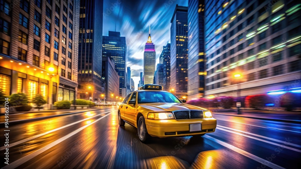 Yellow cab with bright headlights and illuminated roof sign speeds down ...