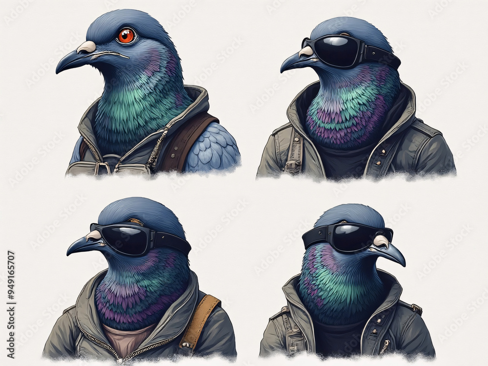 Shades Wearing Tough Jacket Wearing set of 4 military birds pigeons ...