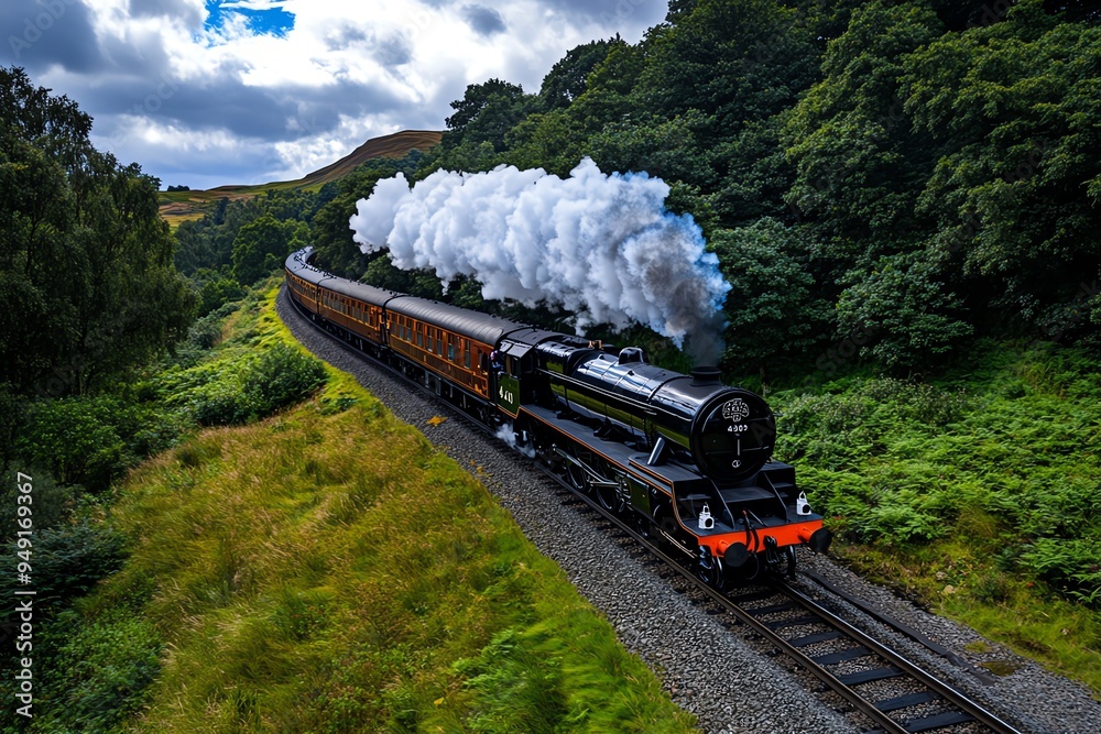 Steam train navigating a sharp curve, captured in a photo where the ...