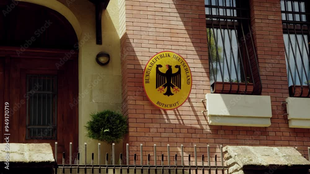 Entrance to German Embassy in Tbilisi, Georgia, features coat of arms ...