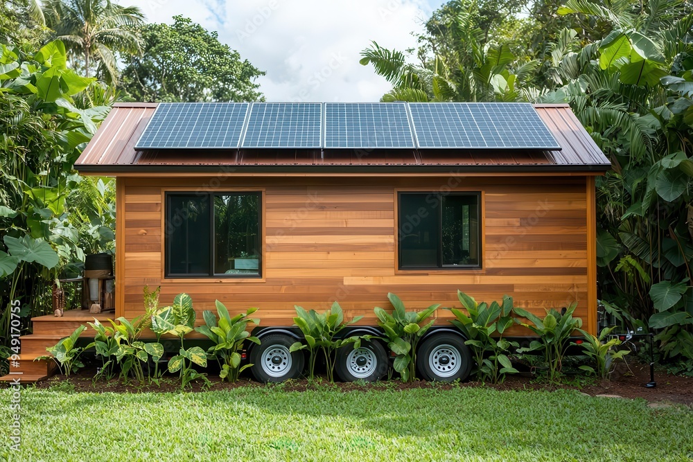 Solar-powered tiny house surrounded by lush greenery and eco-friendly ...