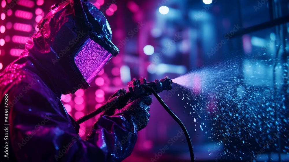 Worker blasting away grime with water jet, futuristic factory ...