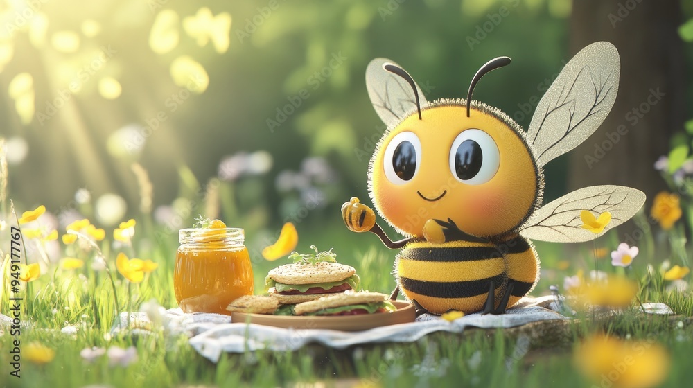 Cute cartoon bee having a picnic, with tiny sandwiches and a jar of ...
