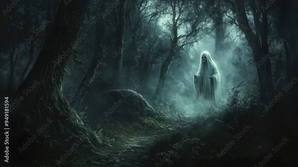 Dark Halloween folklore art, eerie forest, ghostly apparitions, old ...
