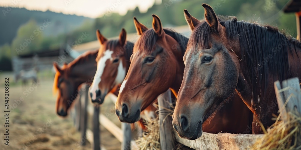 Multiple horses standing at a feeding trough with straw Stock Photo ...