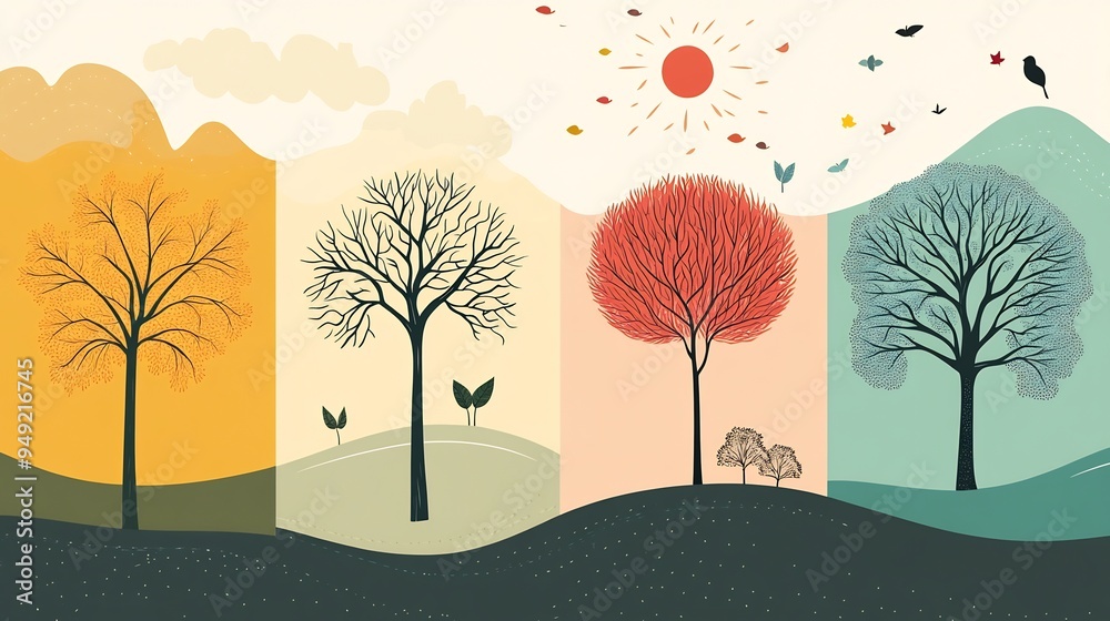 Artistic representation of the four seasons using simple line art and a ...