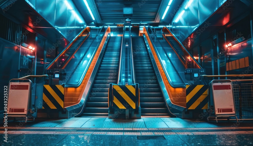 An escalator temporarily closed for maintenance, with safety barriers ...