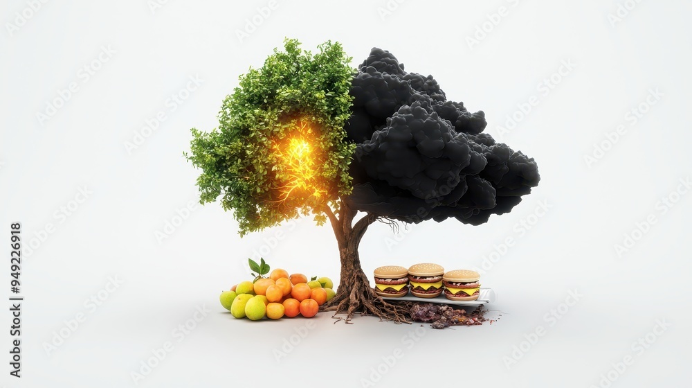 A striking visual of nature versus pollution, showcasing a green tree ...