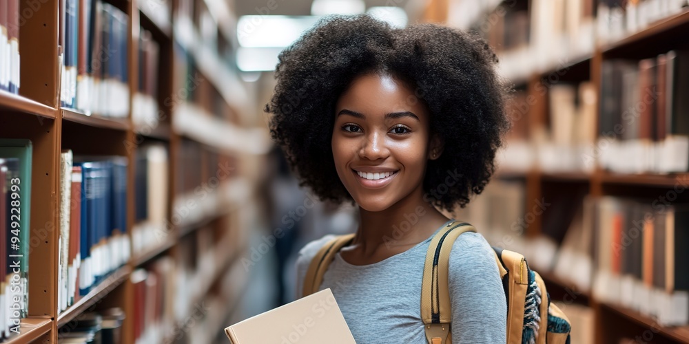 Brazilian university student and library campus with black woman. Gen Z ...