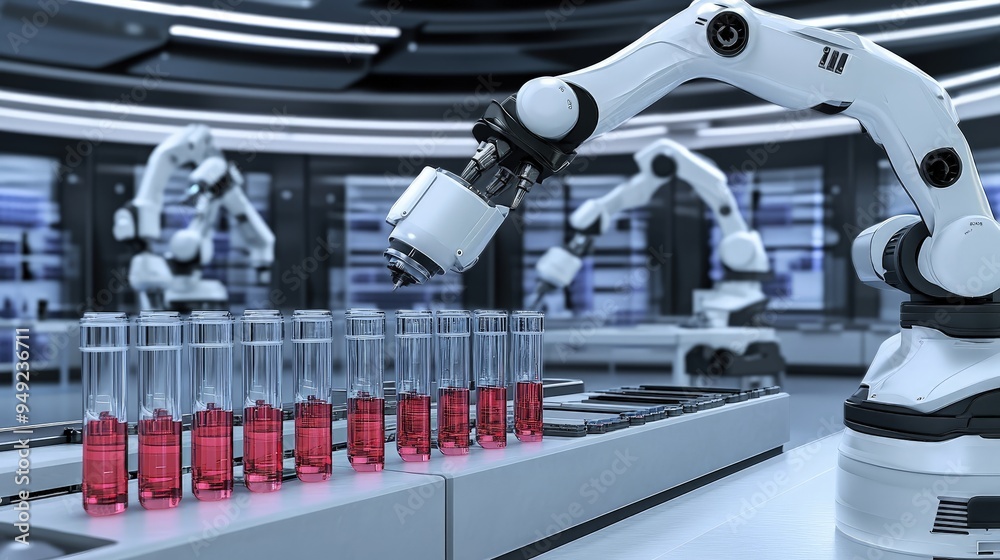 Biotech lab with rows of test tubes, robotic arms working, high-tech ...