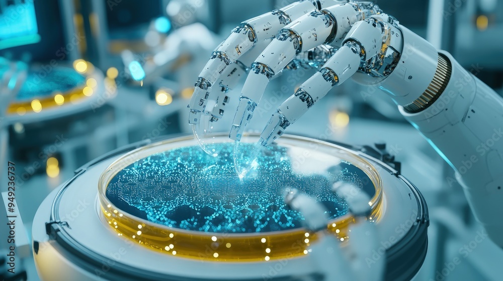Biotech robot working on a Petri dish, automated process, lab setting ...