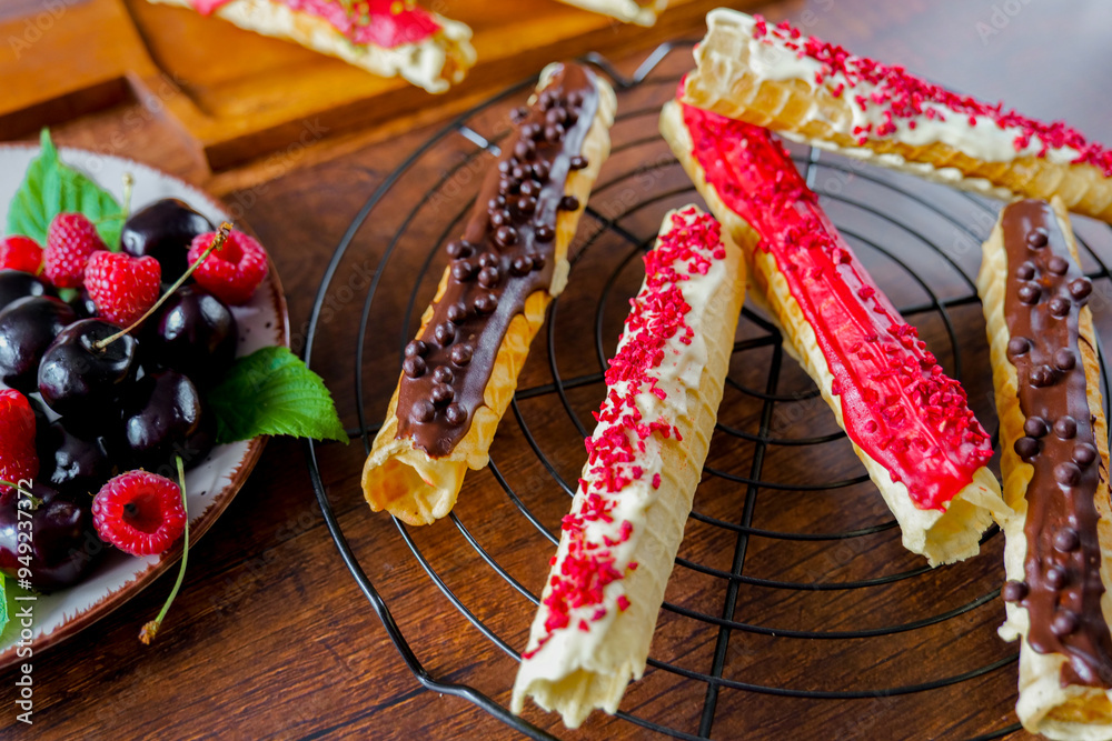 Crispy wafer tube with edible decorations.Summer Berry Baking. Crispy ...