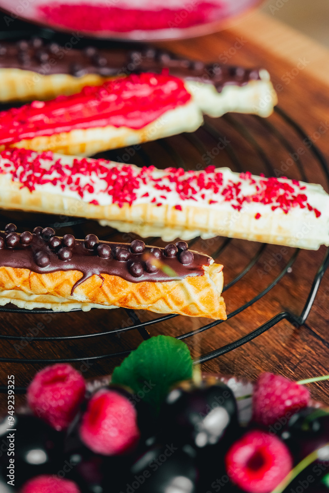 Crispy wafer tube with edible decorations. Crispy sweet dessert. Wafer ...