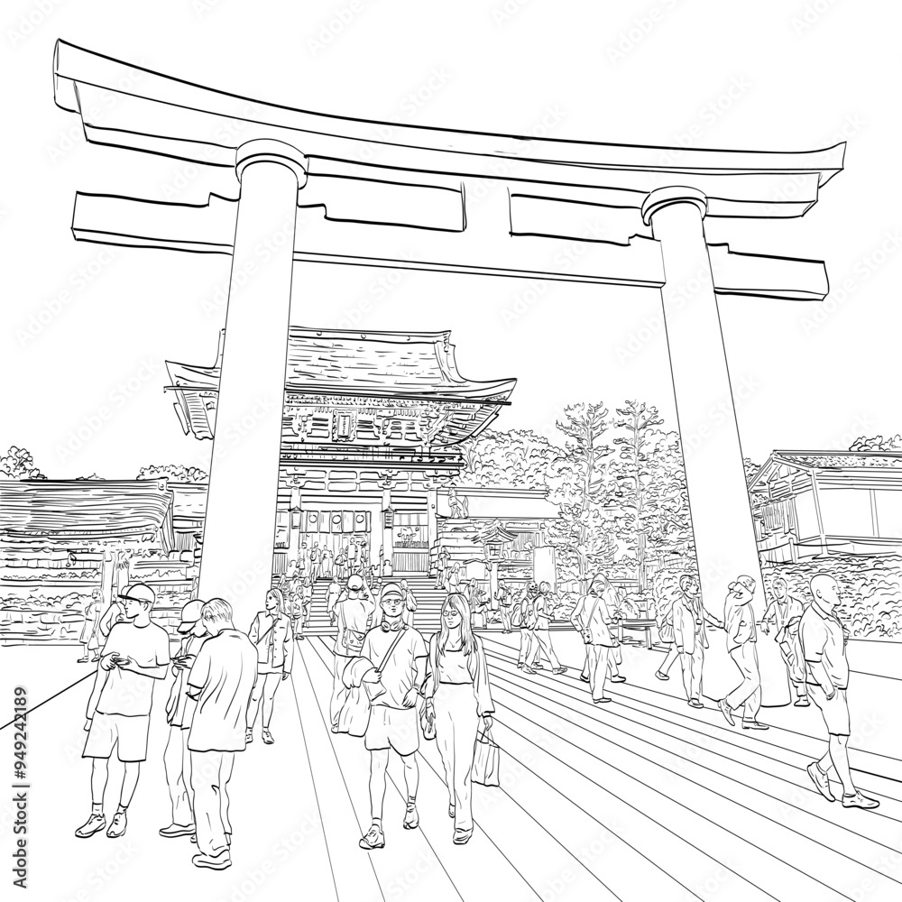 Drawing sketch style illustration of tourist crowd at Fushimi Inari ...