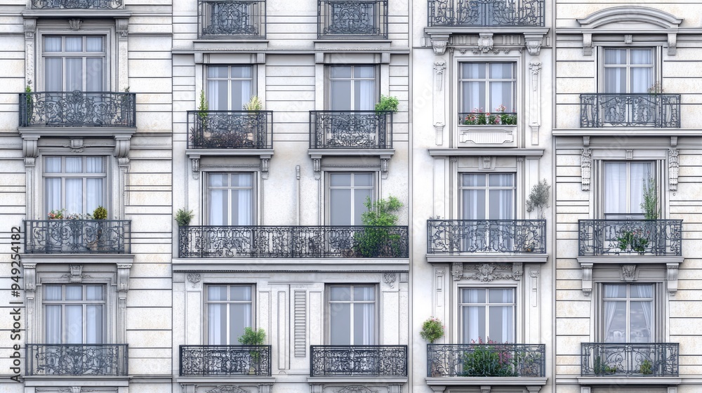 Elegant Parisian apartment building, wrought-iron balconies, Haussmann ...