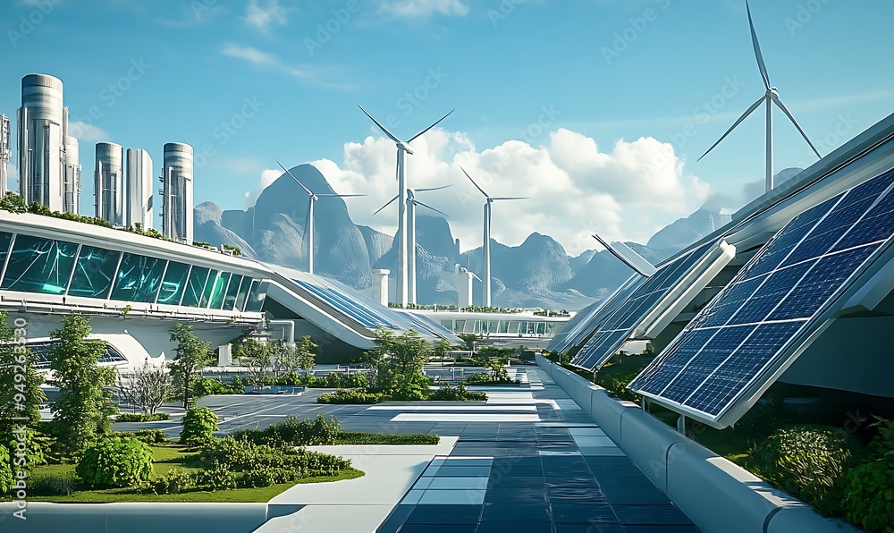 Futuristic Clean Energy Plant with Solar Arrays, Wind Farms, and Smart ...