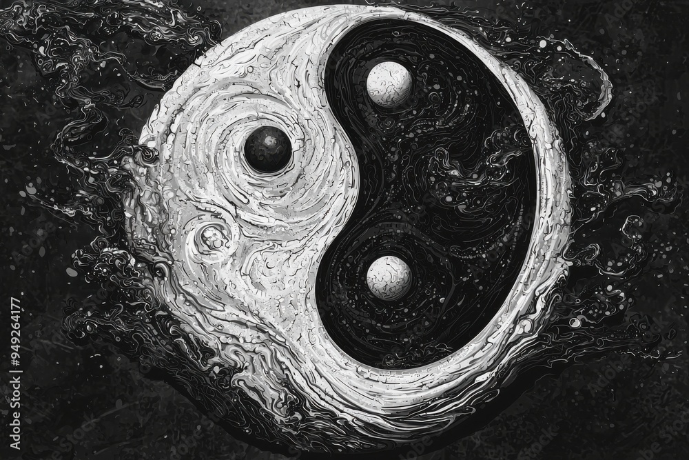 Abstract yin yang symbol depicting balance and harmony in a cosmic swirl of colors and textures ...