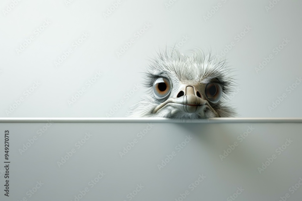 An ostrich peeking over a white ledge with its head sticking out. AI ...