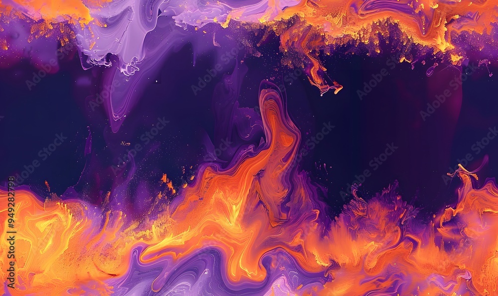 symmetrical orange and purple paint stream on a dark purple backdrop ...