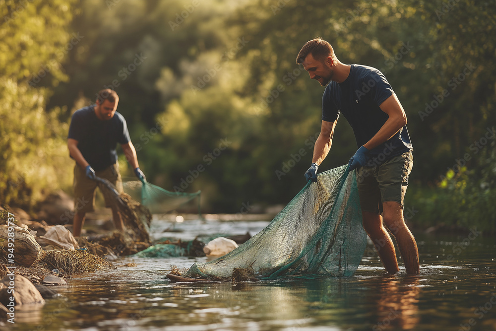 Volunteers using nets to remove trash from a river. Save the river from ...