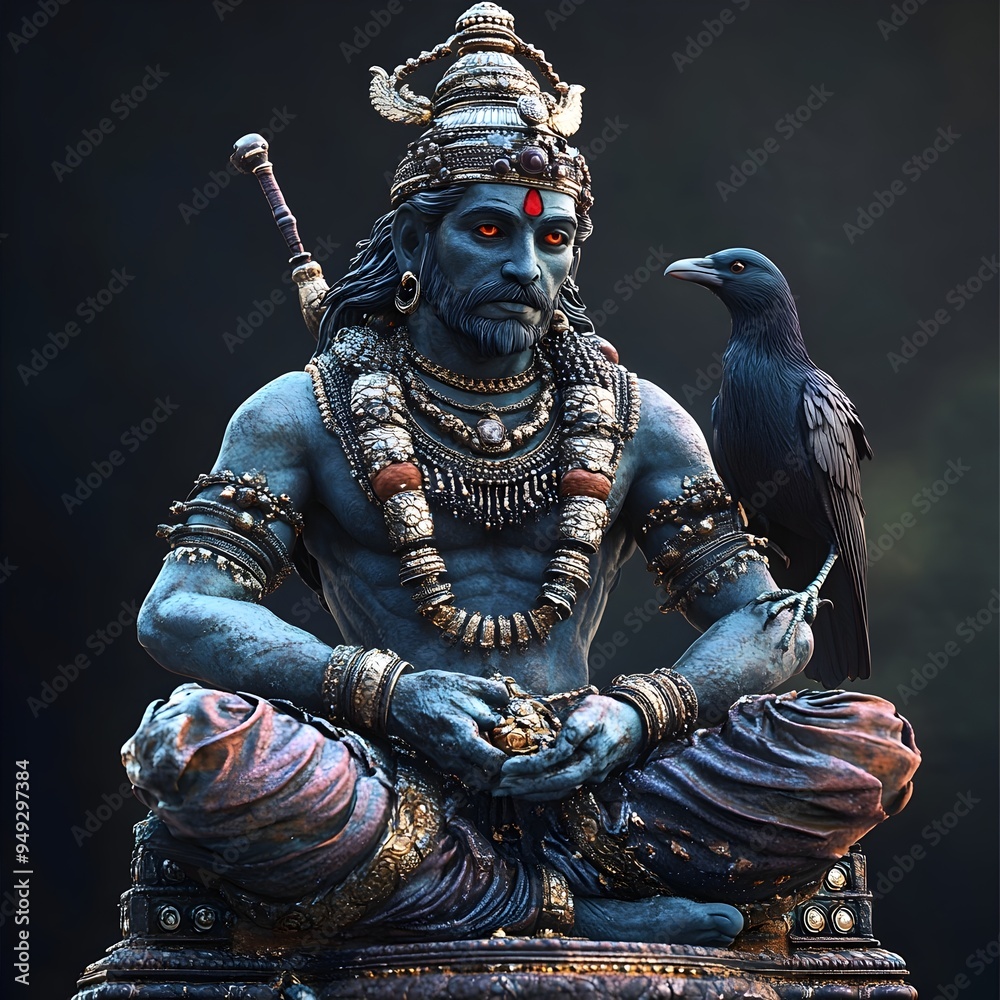 Poster A Serious 3D Depiction of Lord Shani the Hindu Deity with a Crow ...