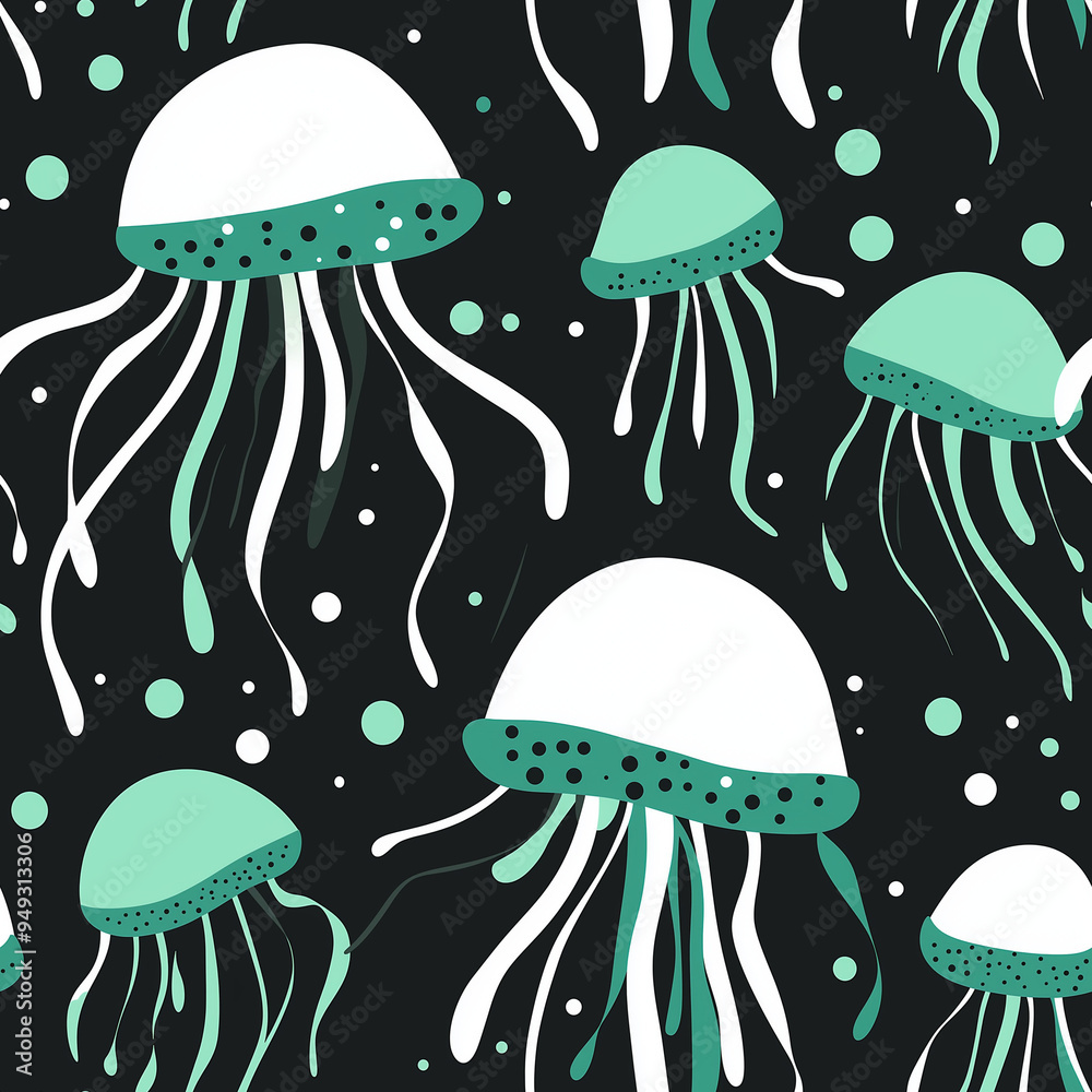 Jellyfish under the sea, seamless repeating pattern. Colors of black ...