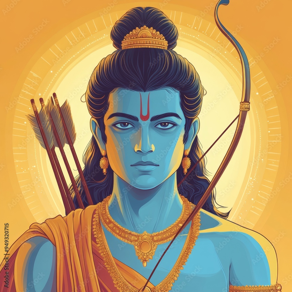 An illustration of Lord Rama with his bow and arrow, showcasing the ...