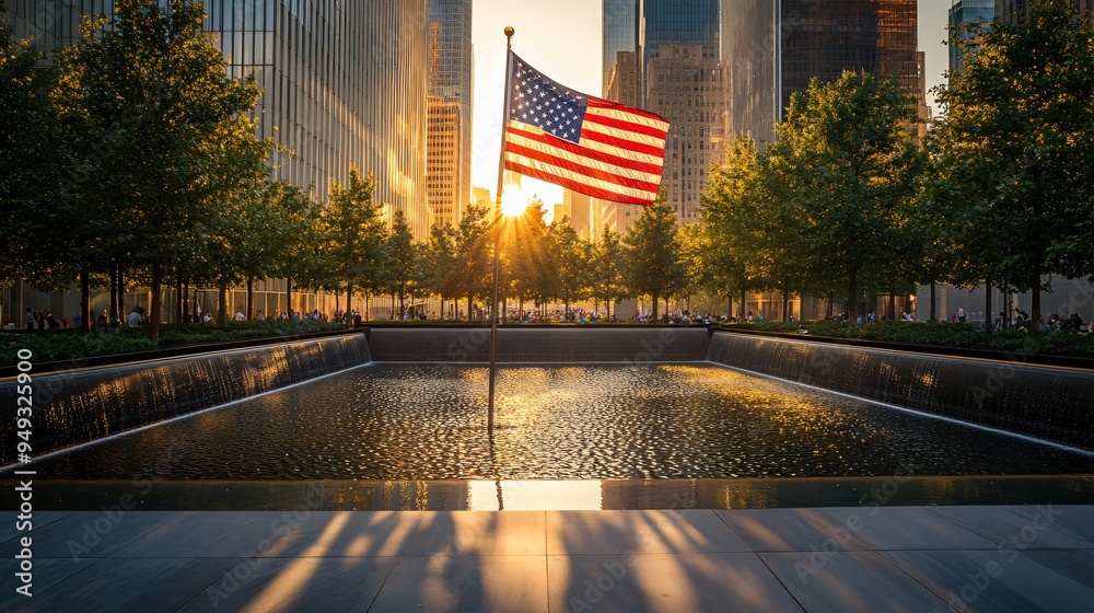The American flag at Ground Zero with the memorial pools reflecting the ...