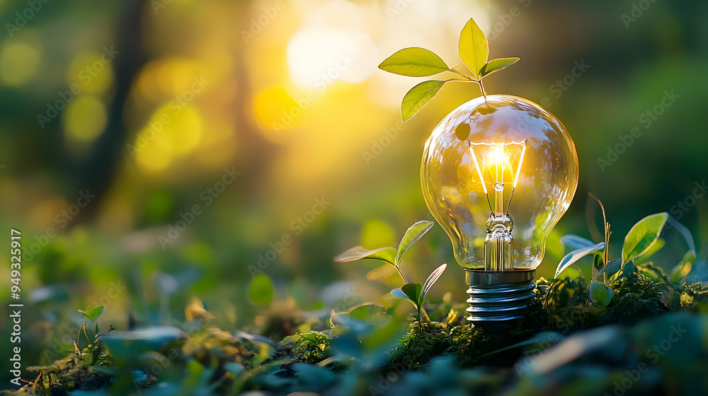 Light Bulb Glowing in Nature with Green Plants, Symbol of Renewable ...