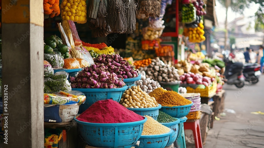 Colorful market scene with various spices and produce displayed in ...