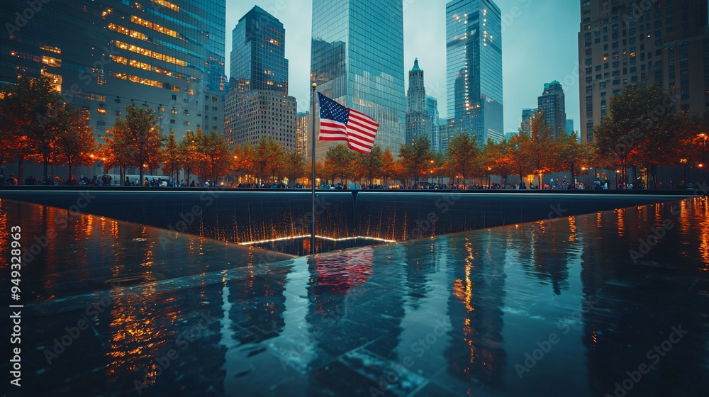 The American flag reflecting in the Ground Zero Memorial pool with the ...