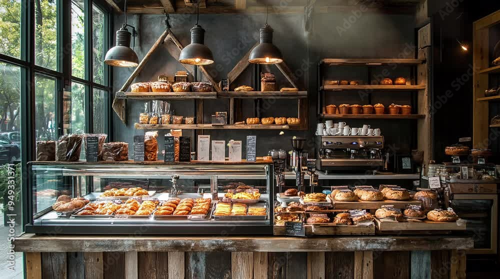 Cozy bread store with fresh loaves and pastries displayed on wooden ...