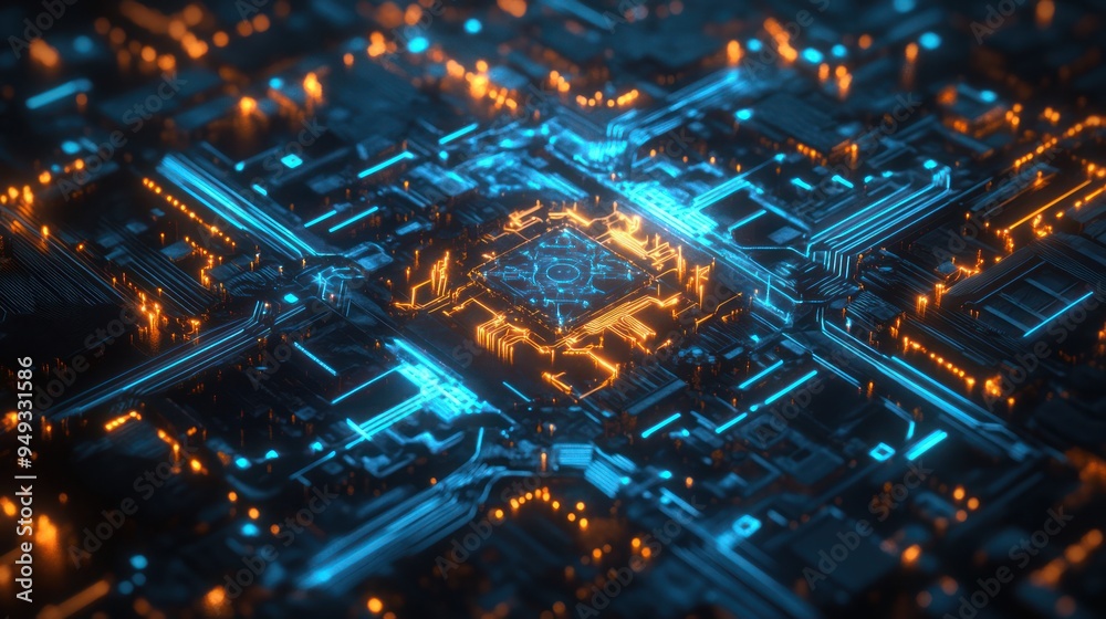 Quantum computer core, futuristic quantum circuits glowing in neon blue, intricate entangled ...