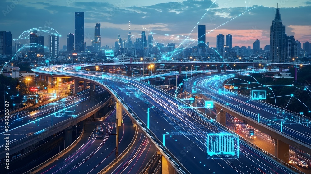 Aerial view of a modern multi level highway featuring advanced IoT ...