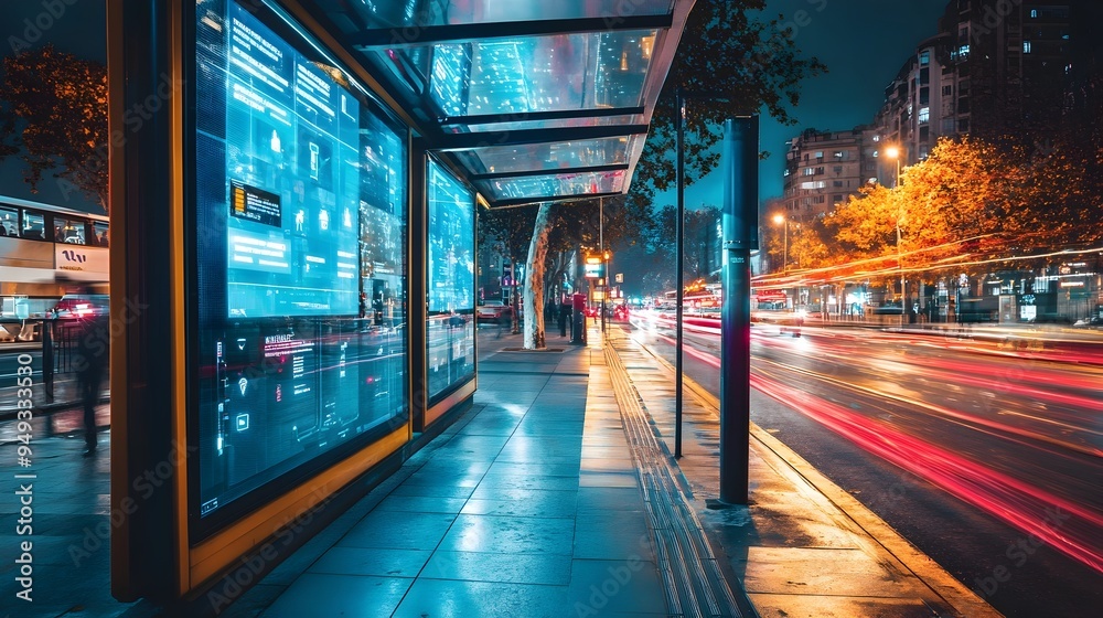 Photograph showcasing smart bus stops equipped with IoT technology that ...