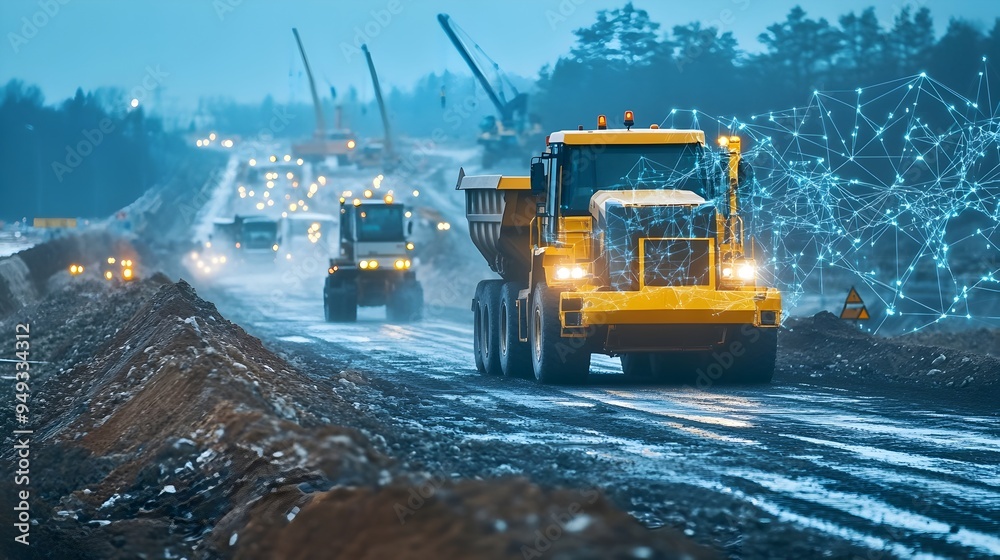 Photograph of IoT connected construction vehicles including excavators ...