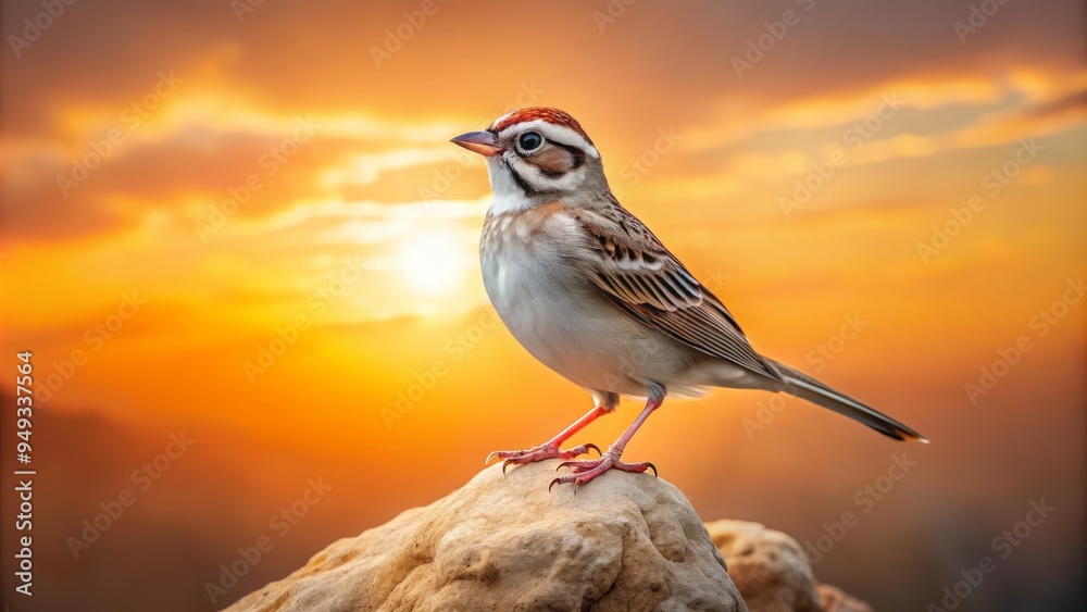 Forged in the rusty landscape, the Lark Sparrow's gentle form unfurls ...