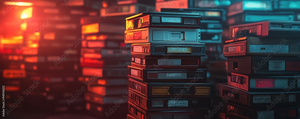 Vintage VHS Tapes Collection with Handwritten Labels in Dim Lighting ...