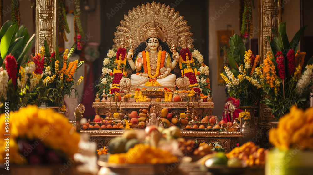 Navaratri festival of god Durga, a magnificent altar with a statue of ...