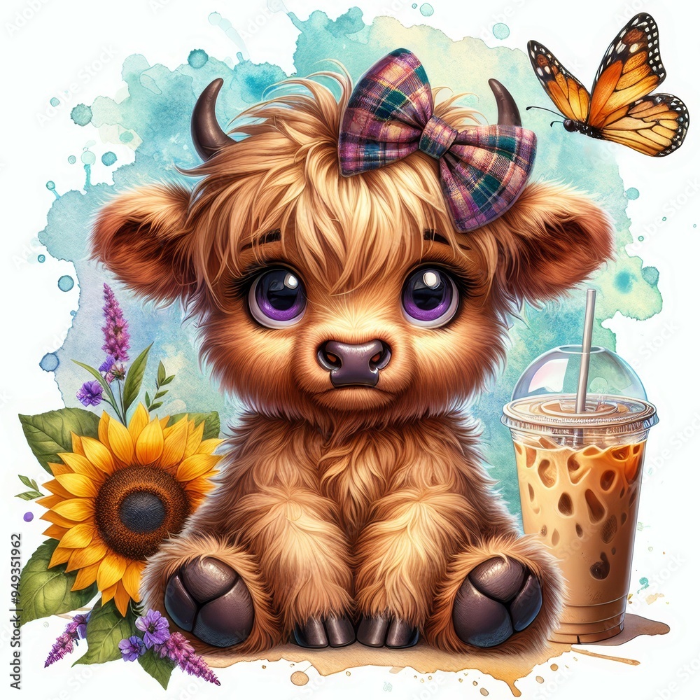 Cute baby highland cow illustration with large eyes, wearing a big bow ...