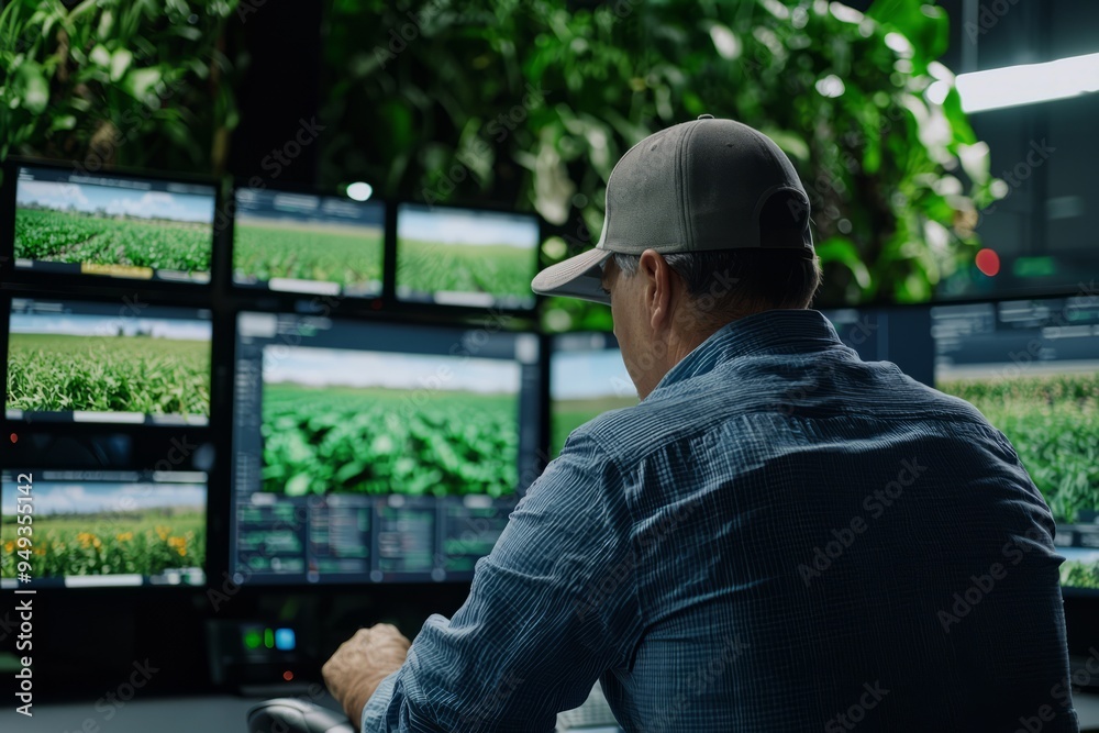 A modern farmer at a smart farm control center, surrounded by screens ...