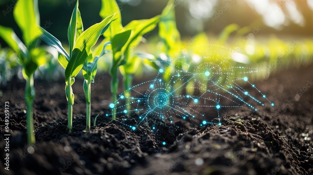Smart farming scene with corn seedlings and IoT sensors in the soil ...