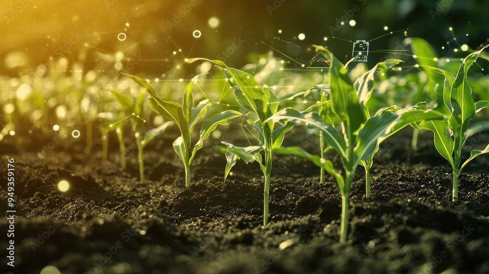 Smart farming scene with corn seedlings and IoT sensors in the soil ...